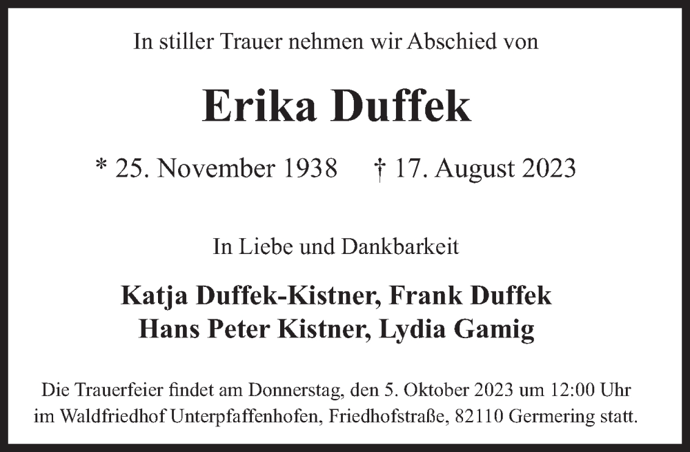 Traueranzeigen von Erika Duffek | SZ-Gedenken.de