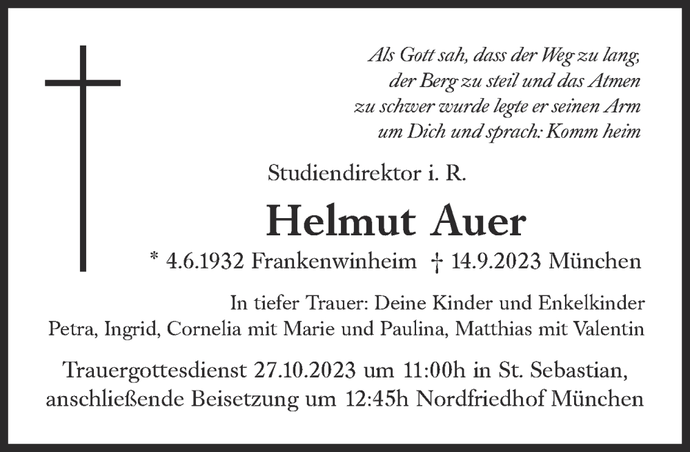 Traueranzeigen von Helmut Auer | SZ-Gedenken.de