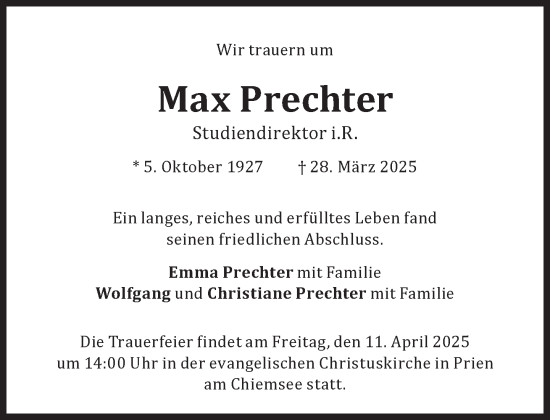 Traueranzeigen von Max Prechter | SZ-Gedenken.de