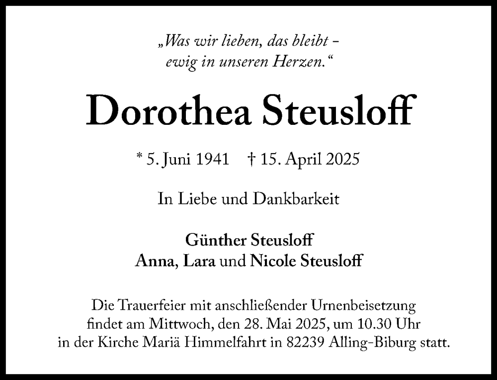 Traueranzeigen von Dorothea Steusloff | SZ-Gedenken.de